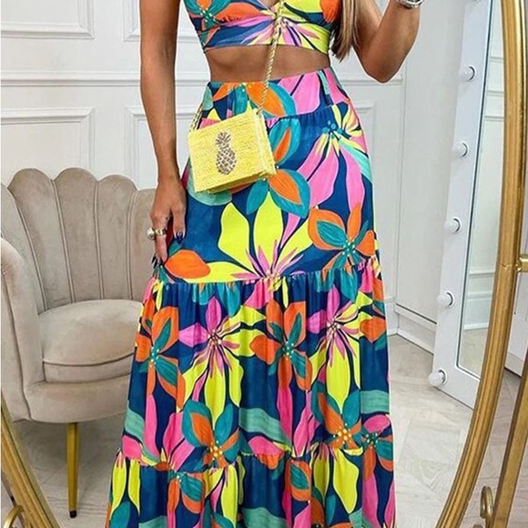 Skirts | Colorful Floral Matching Set Maxi Skirt And Crop Top | Poshmark